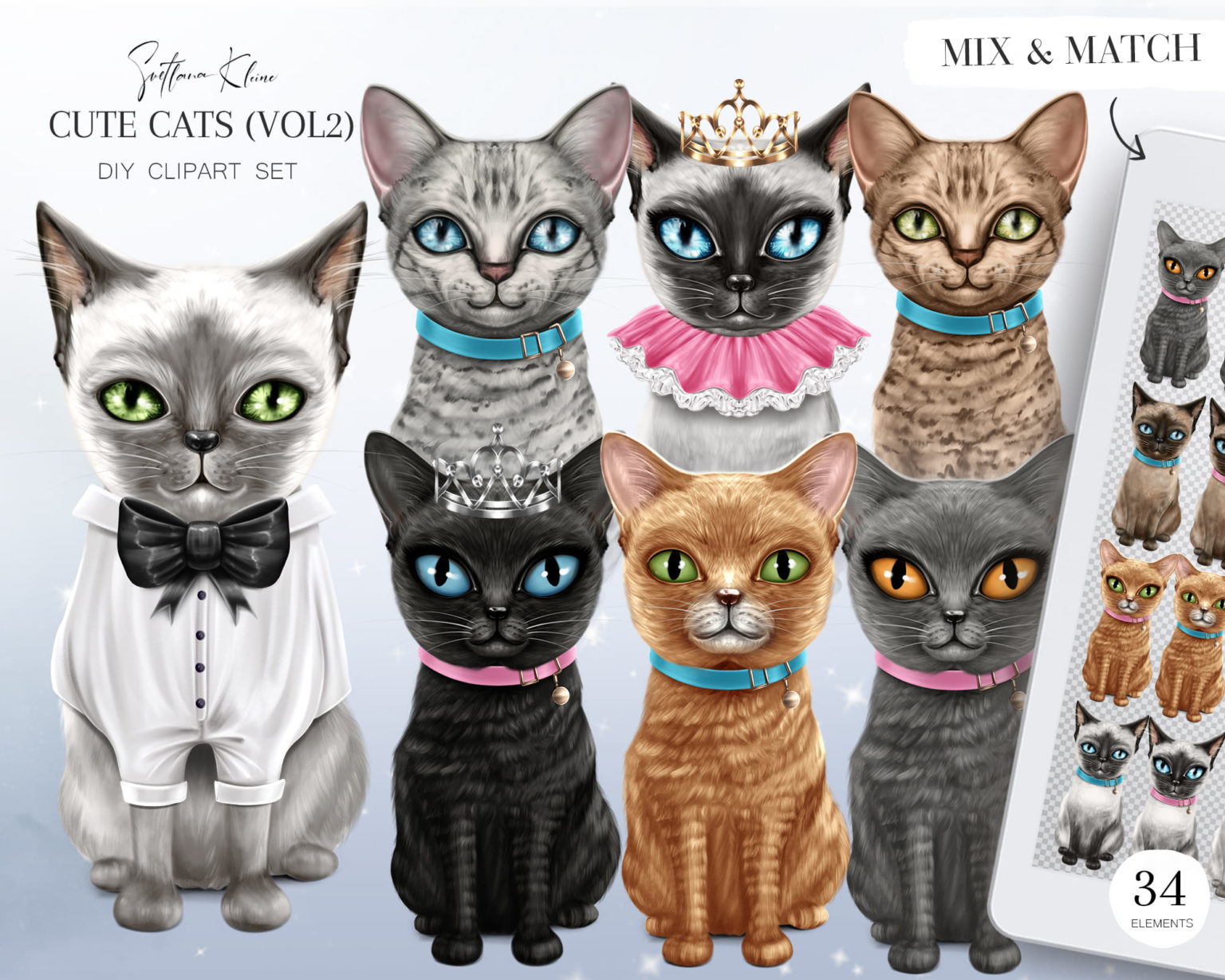 Cute Cats Clip Art Vol 2, Kittens PNG, Elegant Cats - Svetlana Kleine